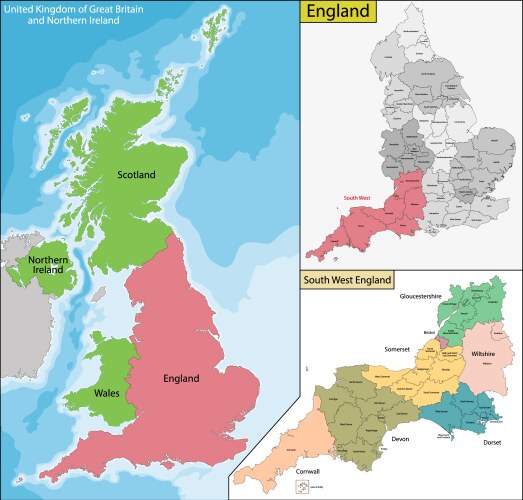 Political map of england with regions Royalty Free Vector
