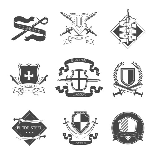 Set historical shields with ribbons and swords Vector Image
