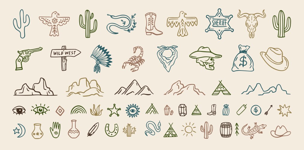 Wild west cowboy doodle icon set hand drawn boho Vector Image