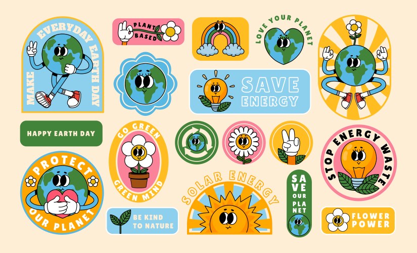 Ecology stickers save green earth planet clean Vector Image
