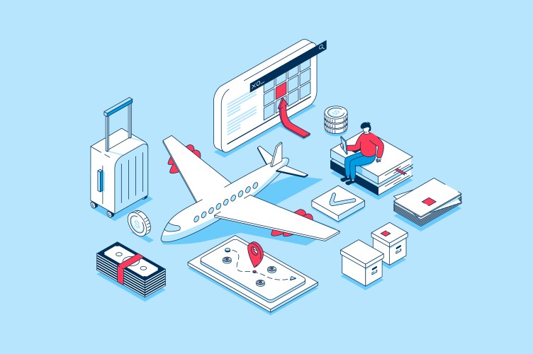 Booking flight concept in 3d isometric design Vector Image