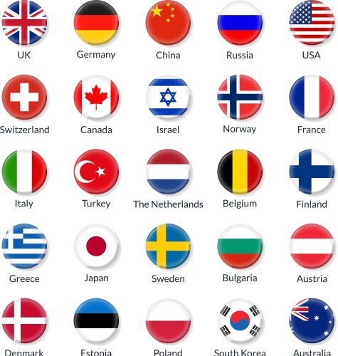 Set of popular country flags glossy round icon Vector Image