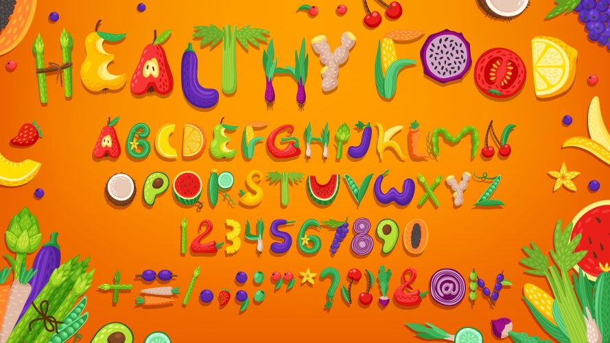 Fruit and vegetable font healthy type alphabet Vector Image
