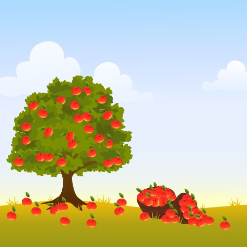 Farm scene with big apple tree and windmill Vector Image