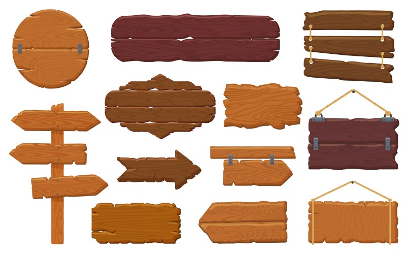Cartoon wood boards signs and brown wooden banners