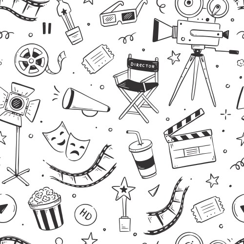 Cinema and movie hand drawn set of filmmaking Vector Image