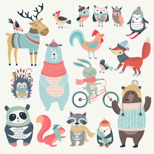 Winter animal characters style holiday animals Vector Image