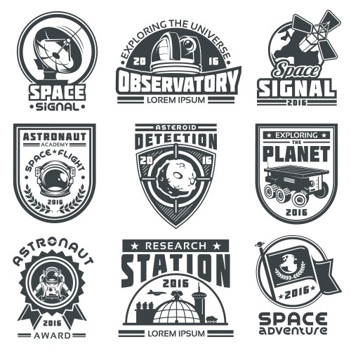 Monochrome space ufo and planet labels logos Vector Image