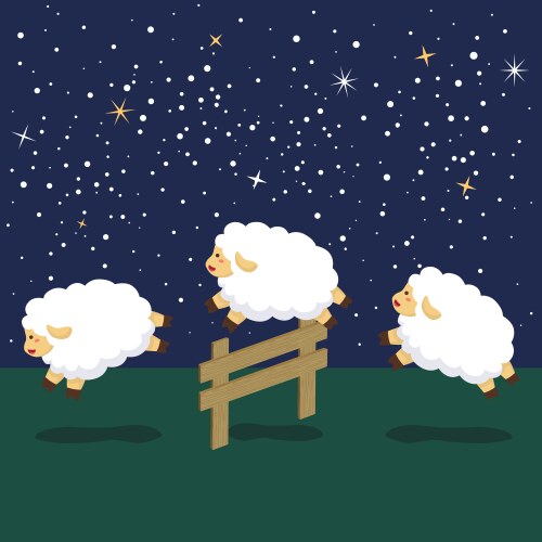 Counting sheep jump on field background Royalty Free Vector