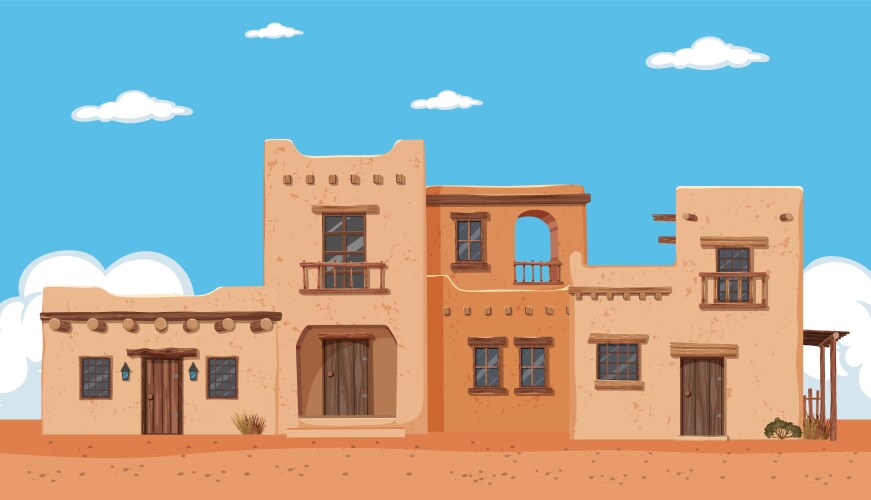 Two-story adobe house with wooden accents Vector Image
