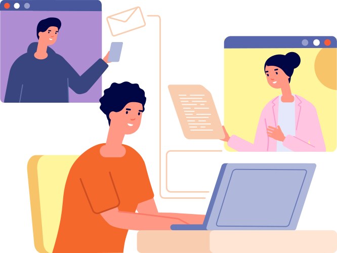 People connected together via video call on laptop