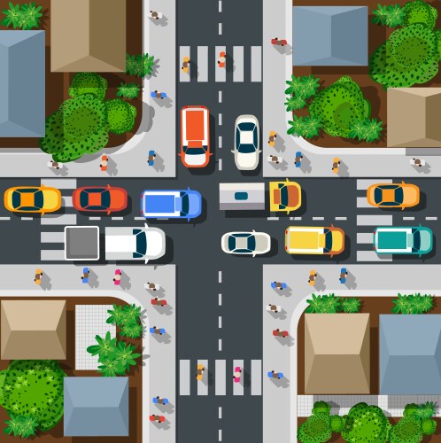 City buildings roads and cars top view Royalty Free Vector