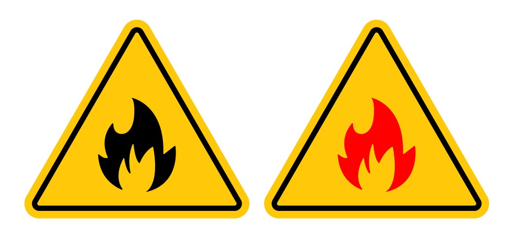 Fire warning sign icon set yellow triangle alert Vector Image