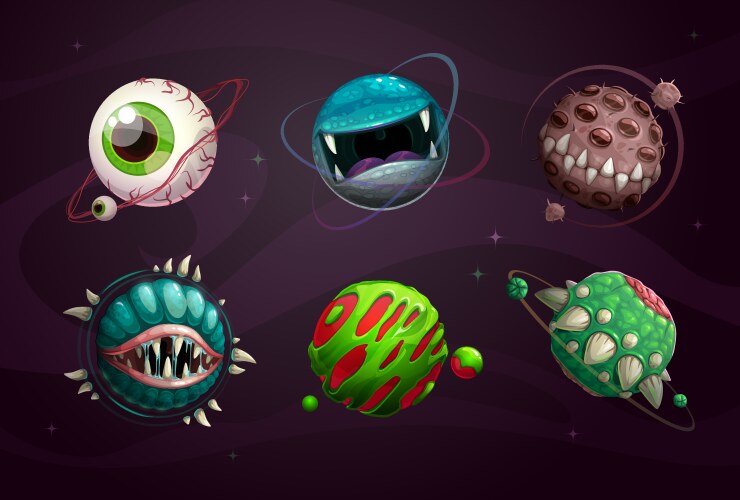 Colorful cartoon fantasy planets set Royalty Free Vector
