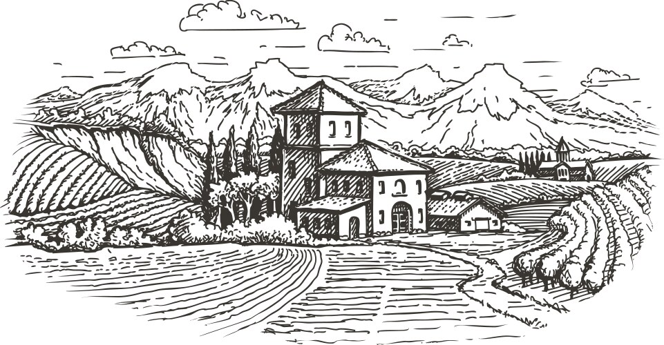 A path to farm landscape hand drawing Royalty Free Vector
