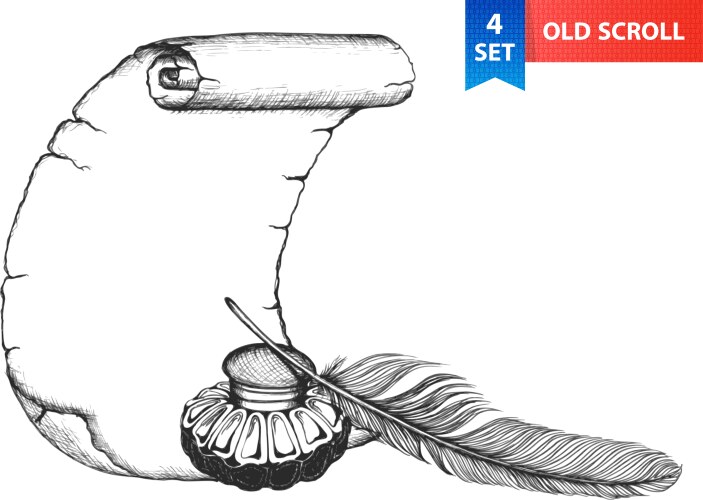 Paper scroll feather and inkwell Royalty Free Vector Image