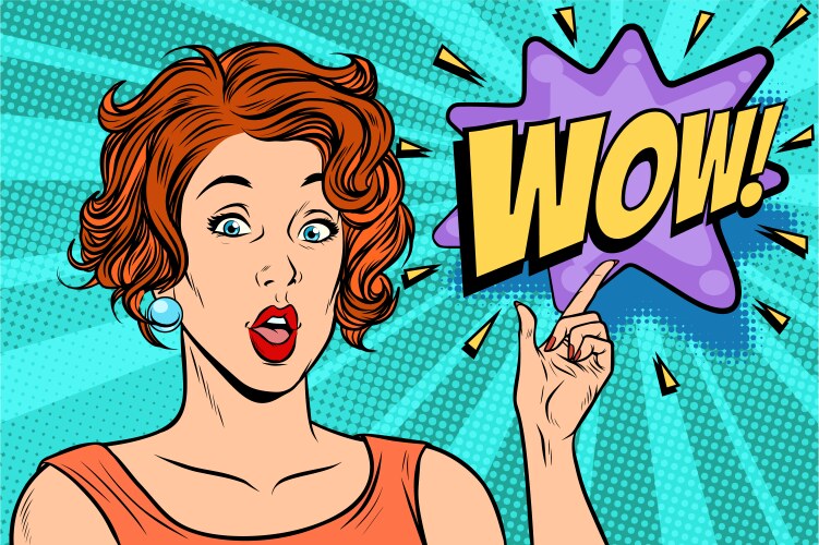 Wow woman points up Royalty Free Vector Image - VectorStock