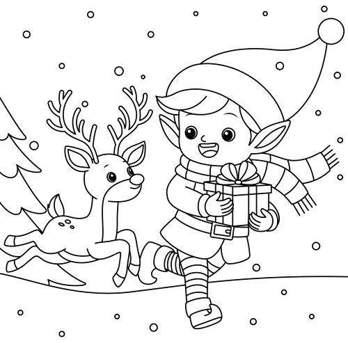 Cute Elf with Reindeer - Coloring Page – Royalty-Free Vector | VectorStock