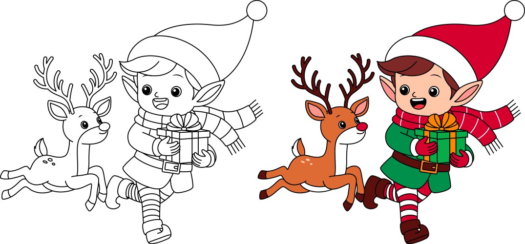 Cute Elf with Reindeer - Coloring Page – Royalty-Free Vector | VectorStock