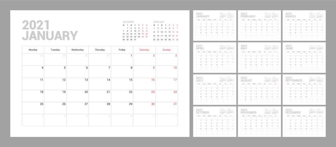 Wall calendar template for 2021 year planner Vector Image