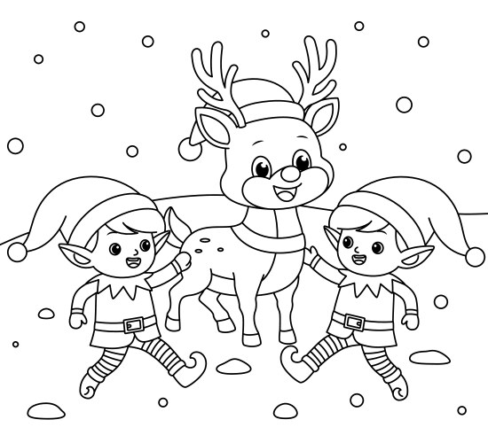 Cute Elf with Reindeer - Coloring Page – Royalty-Free Vector | VectorStock