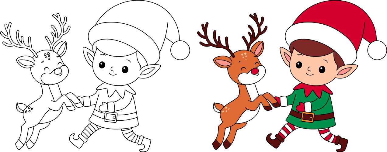 Cute Elf with Reindeer - Coloring Page – Royalty-Free Vector | VectorStock