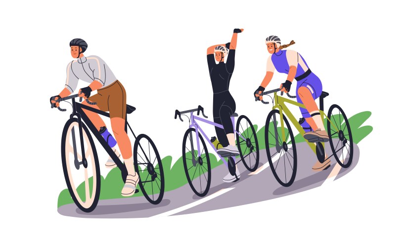 Friends group riding bicycles laughing having Vector Image
