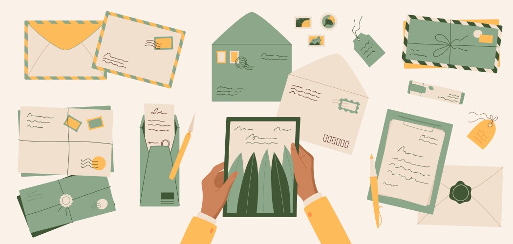 Cartoon hand holds mail letter and postcard set Vector Image