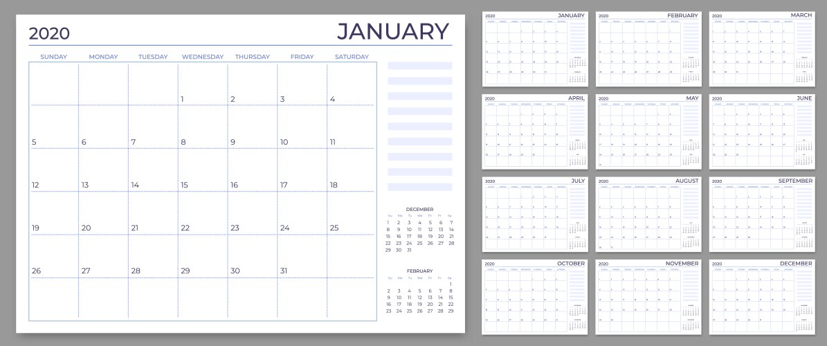 Calendar planner for 2020 year stationery design Vector Image