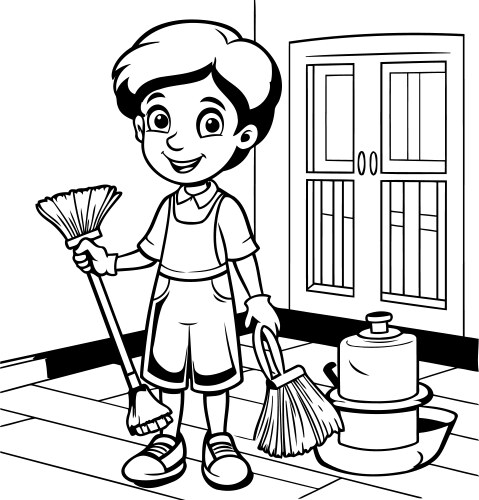 Boy sweeping the floor in house black Royalty Free Vector