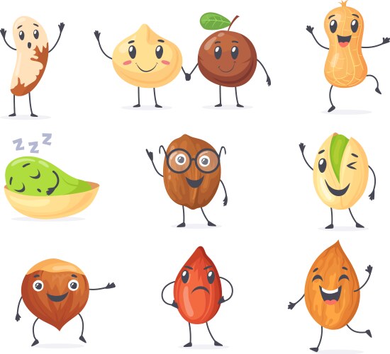 Nuts cartoon characters cute mascot persons Vector Image