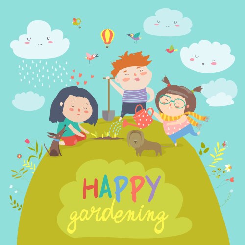 Cute cartoon kids are gardening in spring park Vector Image