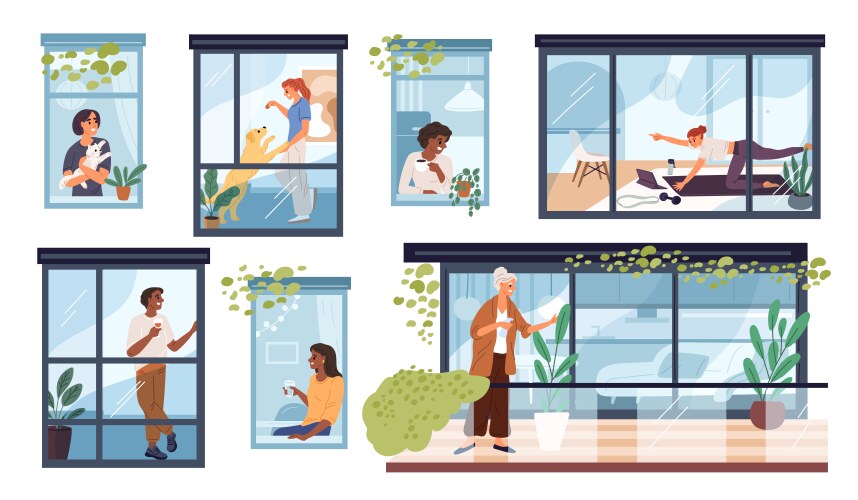 Open windows with people neighbors house mansion Vector Image
