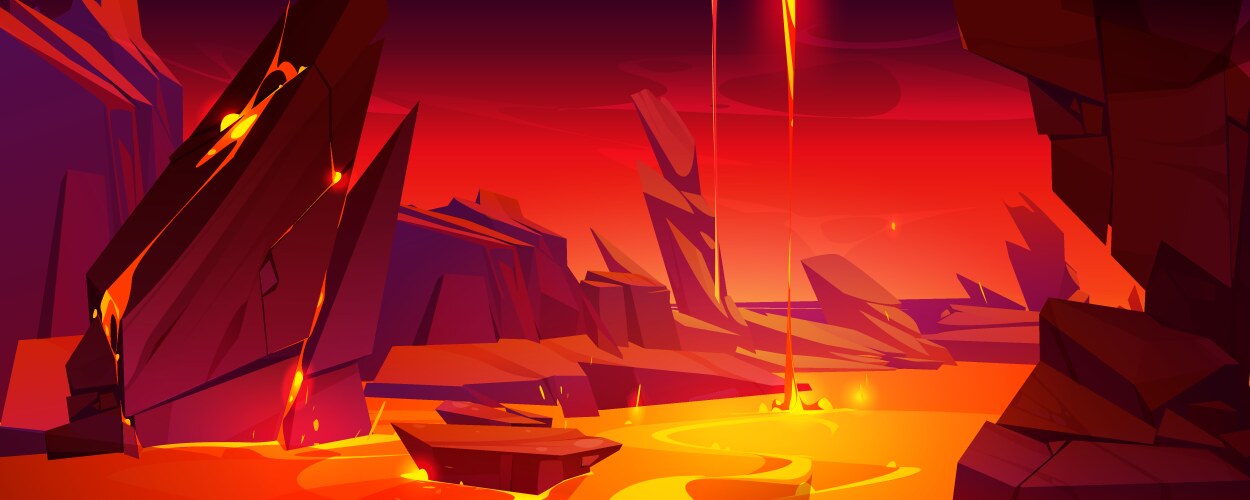 Volcano lava hell rock cave view fantasy game Vector Image