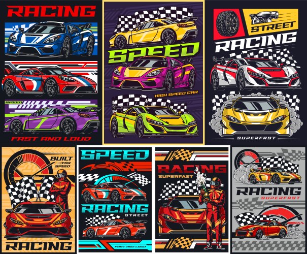 Drag racing set posters colorful Royalty Free Vector Image