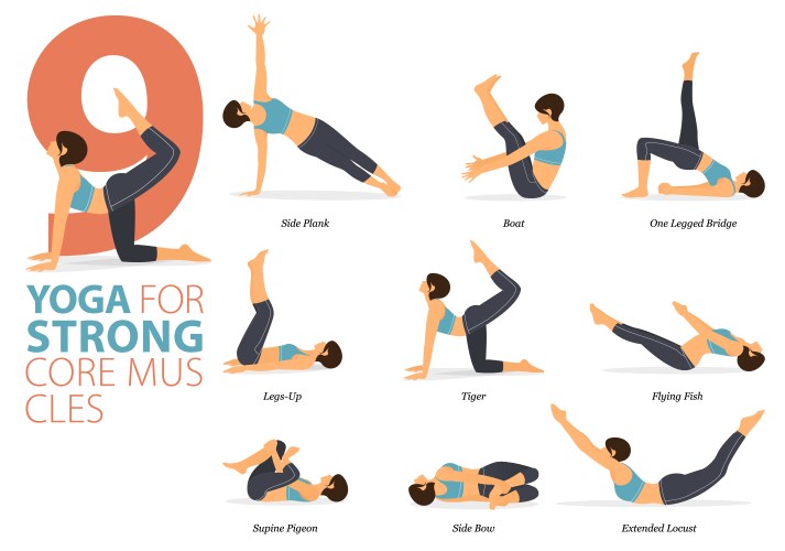9 yoga poses for stress relief concept Royalty Free Vector
