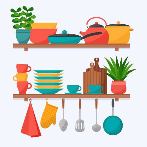 Cooking shelf with vintage dishes Royalty Free Vector Image