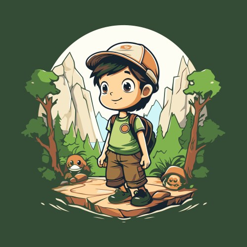 Cute little boy running in the forest cartoon Vector Image