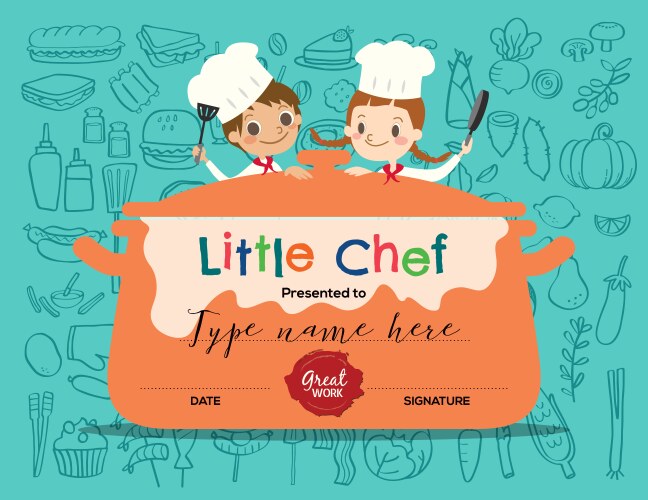 Little chef diploma kids cooking class Royalty Free Vector
