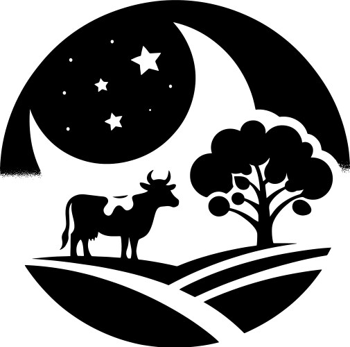Cow silhouette with birds and moon Royalty Free Vector Image