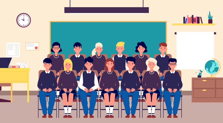Class group portrait smiling girls and boys Vector Image