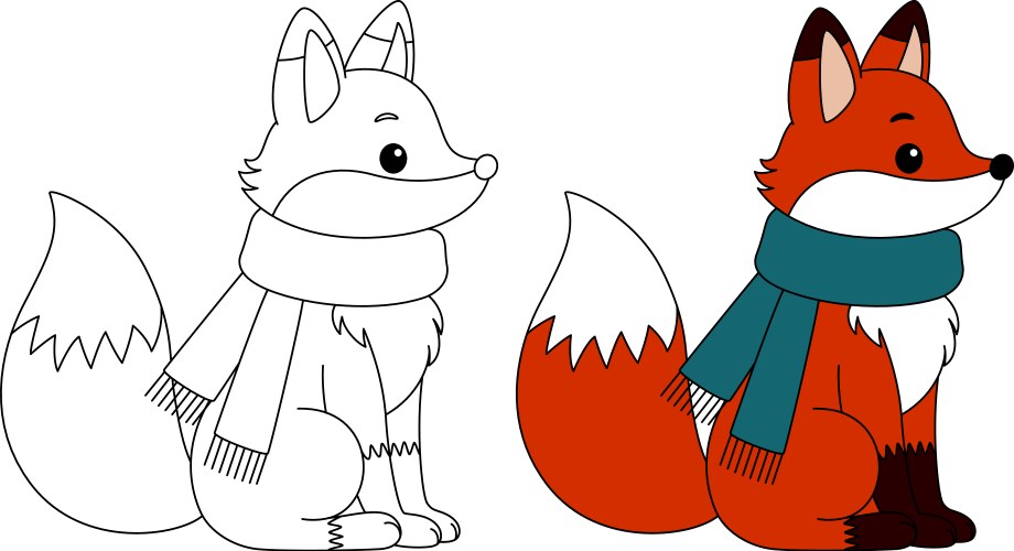Red fox wearing a scarf sitting by snowy tree Vector Image