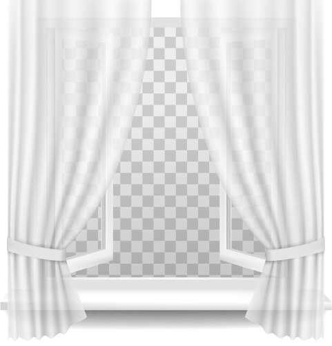 Wooden window frame with curtains on a transparent