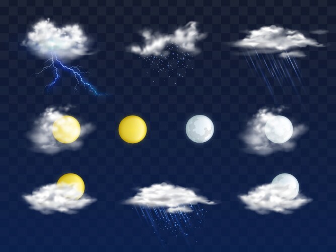 Realistic weather icons on transparent Royalty Free Vector
