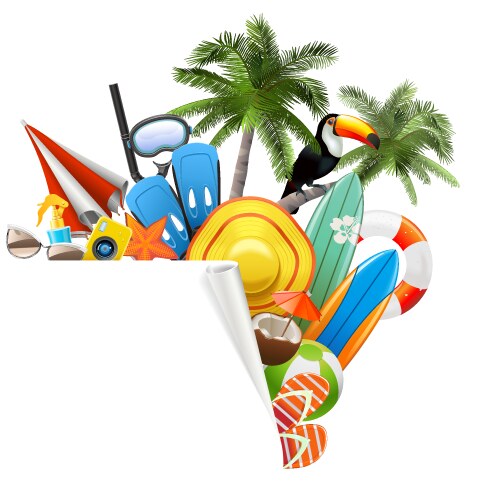 Cute pink flamingo with surf board on beach Vector Image