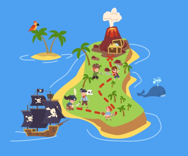 Cartoon pirate map nursery characters of journey Vector Image