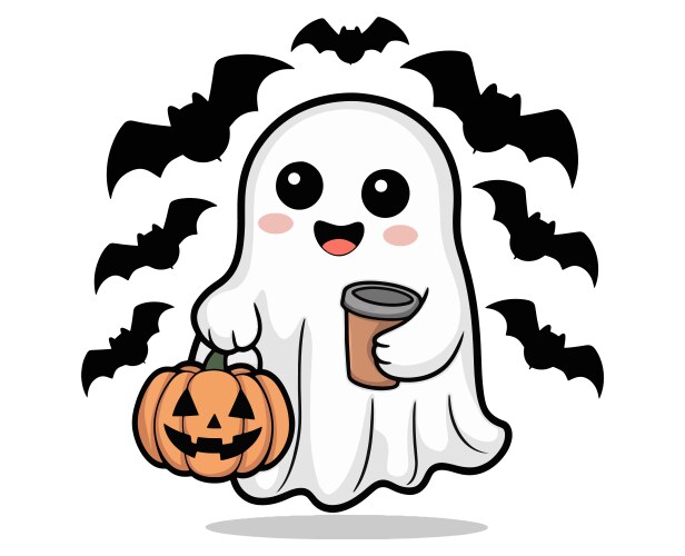 Kawaii ghost drinking coffee cute cartoon spooky Vector Image