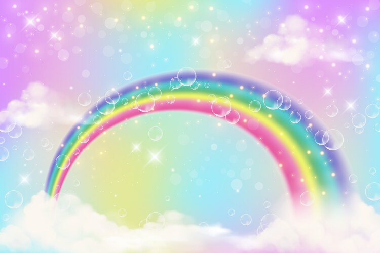 Rainbow with clouds and glitter on pastel sky Vector Image