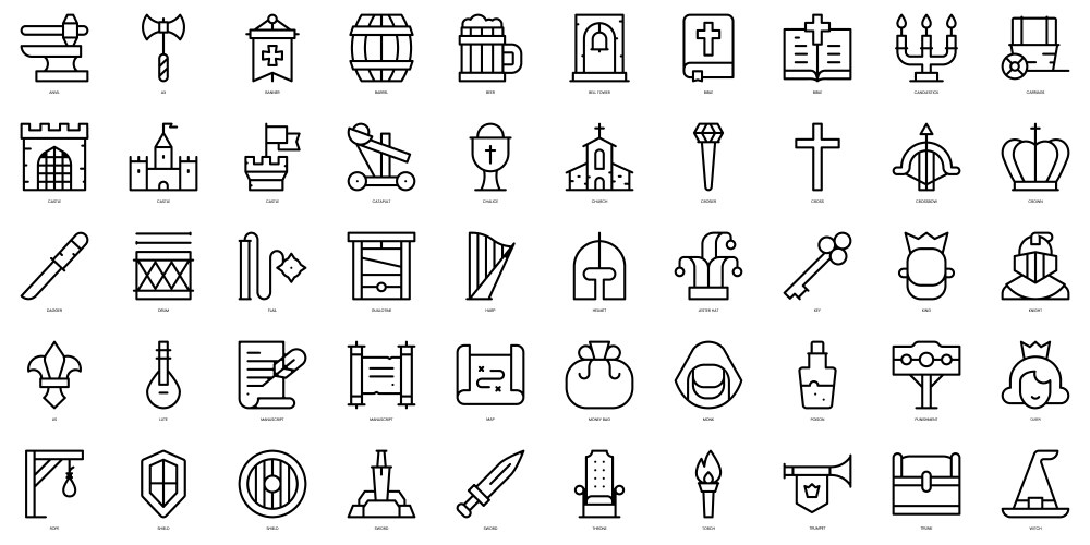 Medieval line icons signs set outline Royalty Free Vector Medieval line icons signs set outline Royalty Free Vector