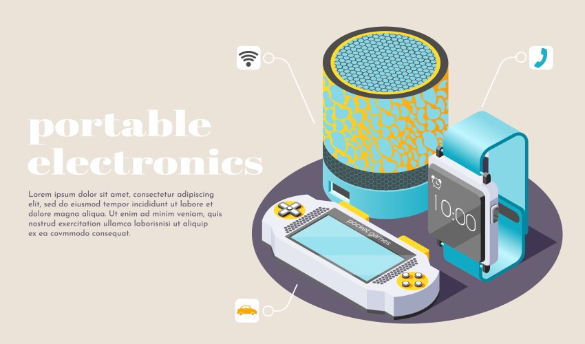 Portable electronics isometric banner Royalty Free Vector